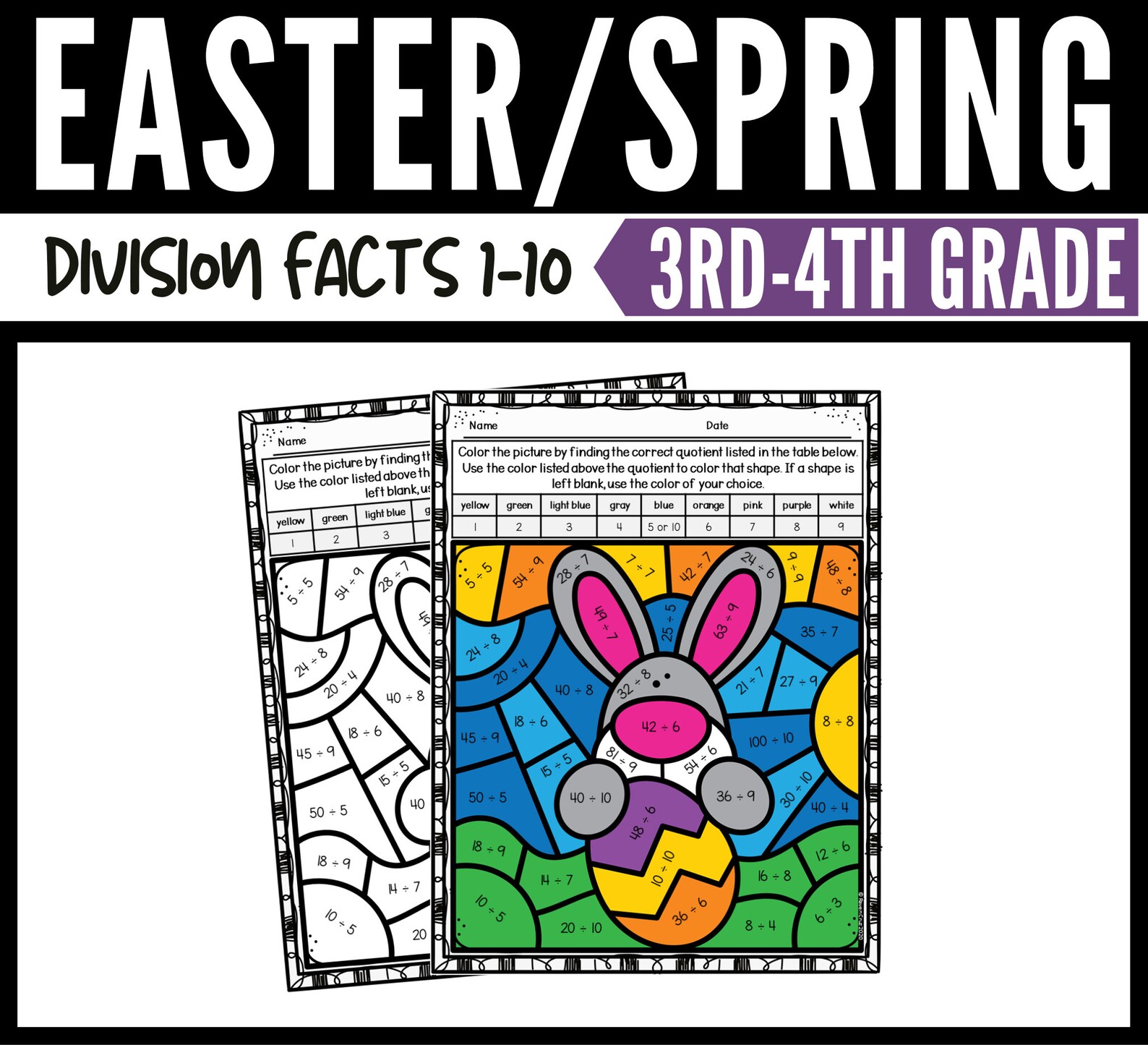 Easter Color by Number Division Worksheets for 3rd Grade and 4th Grade ...