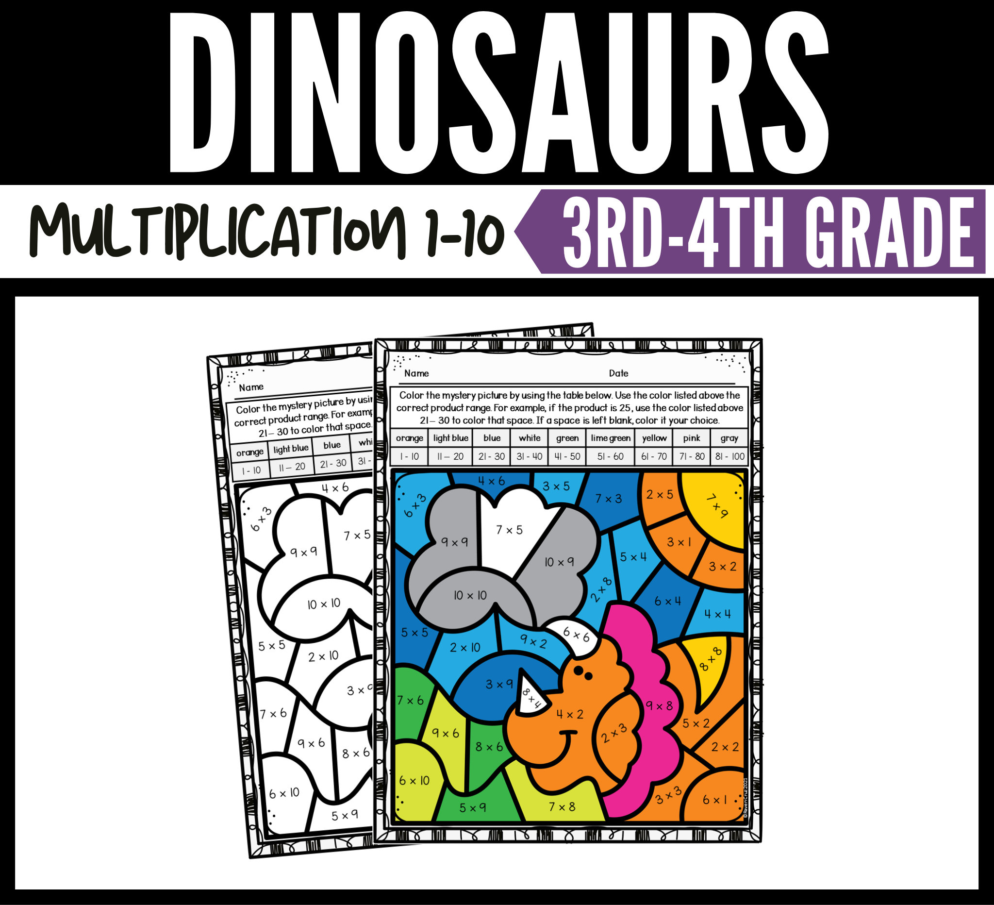 Dinosaur Multiplication Color by Number Worksheets Fun 3rd Grade ...