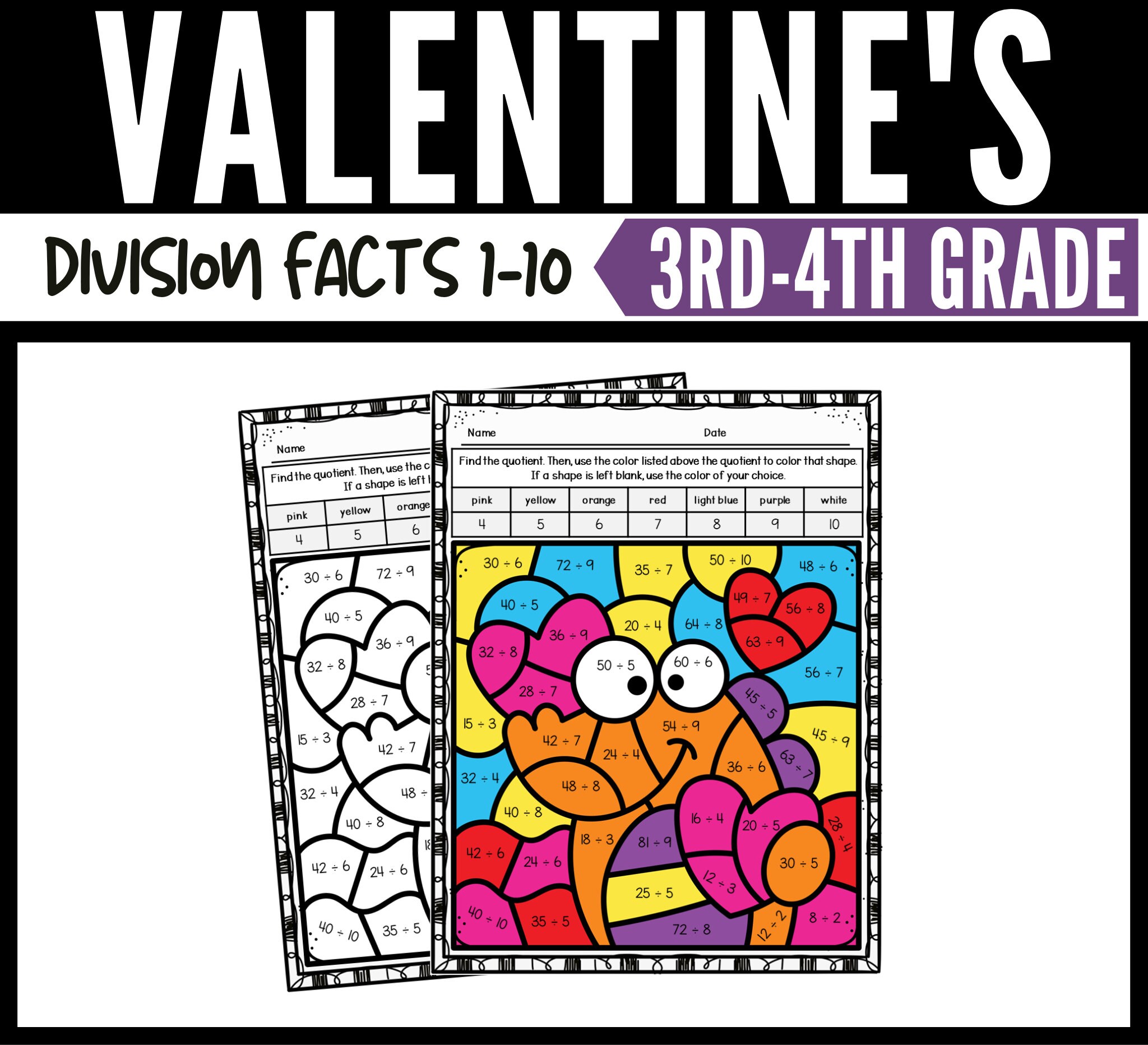 Valentine's Day Color by Number Division Worksheets for 3rd Grade and ...