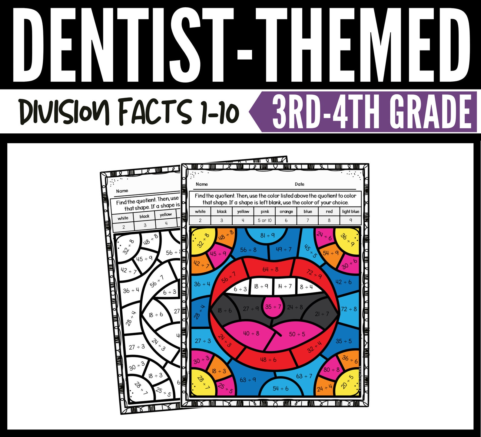 Dentist and Tooth Fairy Themed Division Color by Number Worksheets for ...