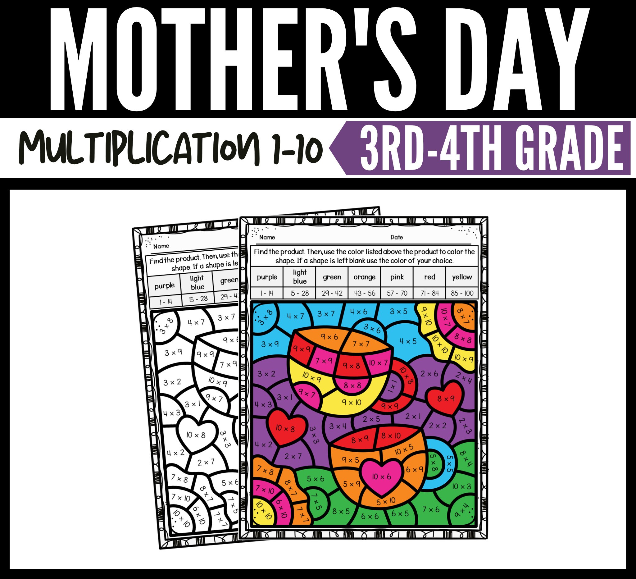 Mother's Day Multiplication Color by Number Worksheet, 3rd Grade Math ...
