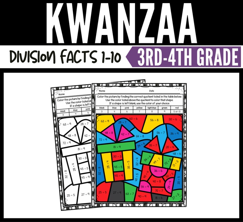 Kwanzaa Color by Number Divisionworksheets 3rd Grade and 4th Grade Math ...