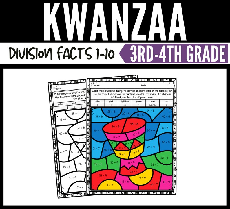 Kwanzaa Color by Number Divisionworksheets 3rd Grade and 4th Grade Math ...