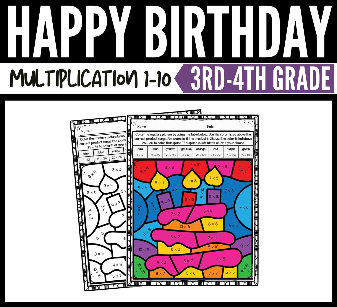 Happy Birthday Multiplication Color by Number Worksheets for 3rd Grade ...