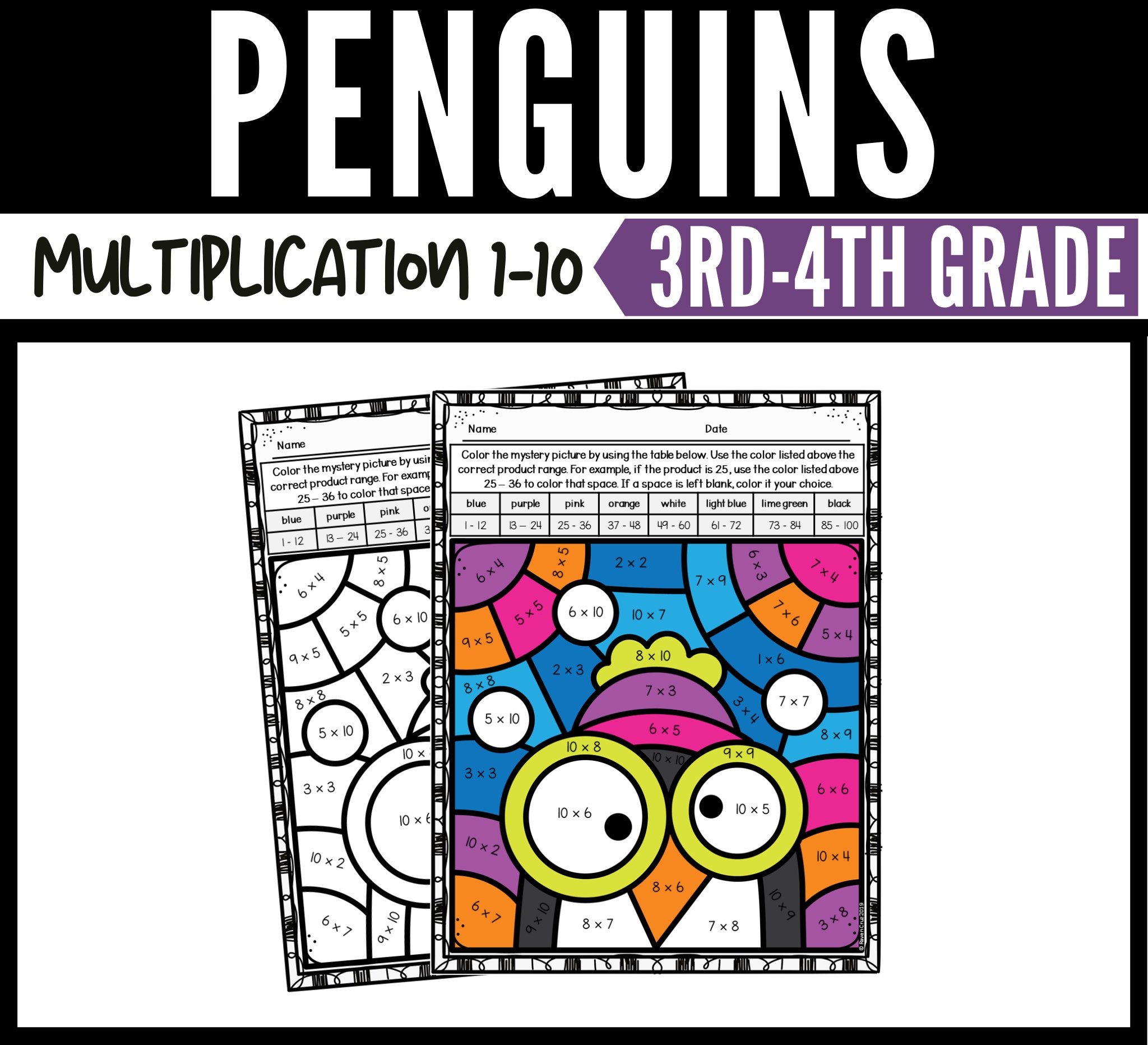 Penguin Multiplication Color by Number Worksheets for 3rd Grade and 4th ...