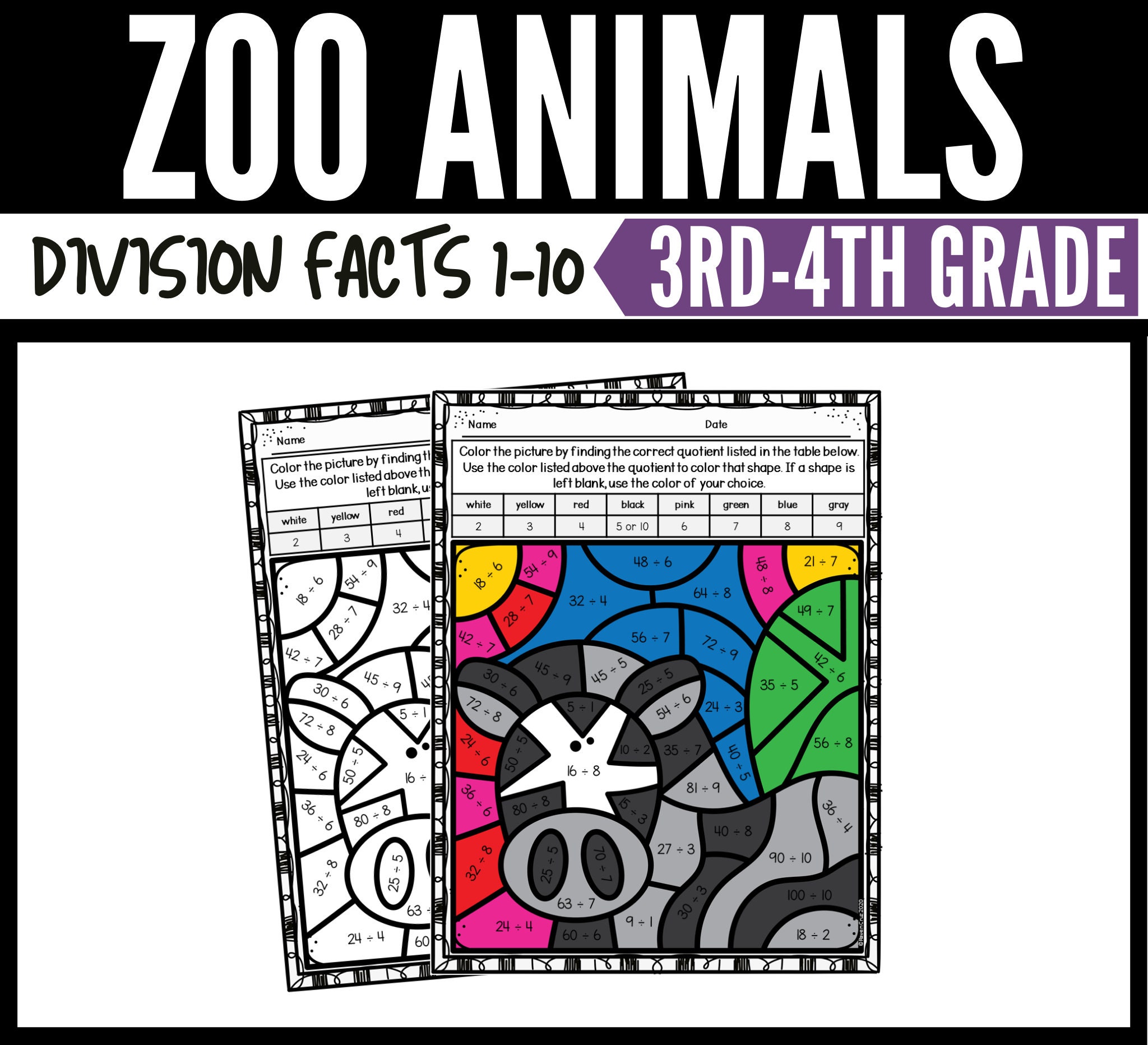 Zoo Animals Division Color by Number Worksheets | 3rd Grade and 4th ...