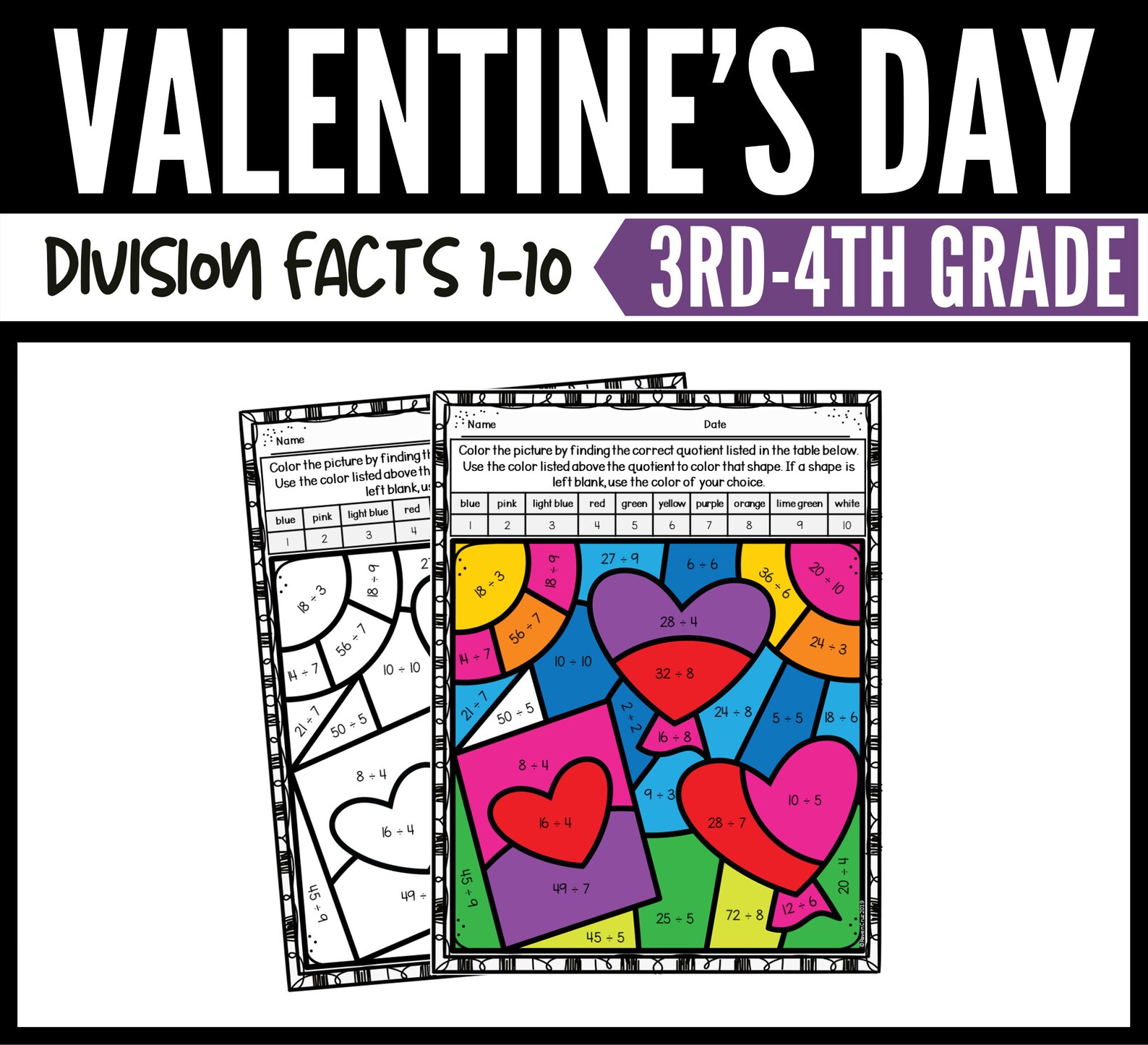 Valentine's Day Color by Number Division Worksheets for 3rd Grade and ...