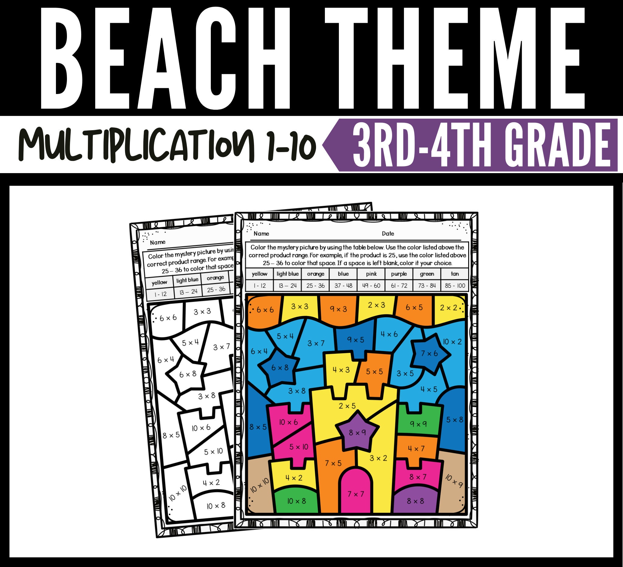 Beach Themed Multiplication Color by Number Worksheets for 3rd Grade ...