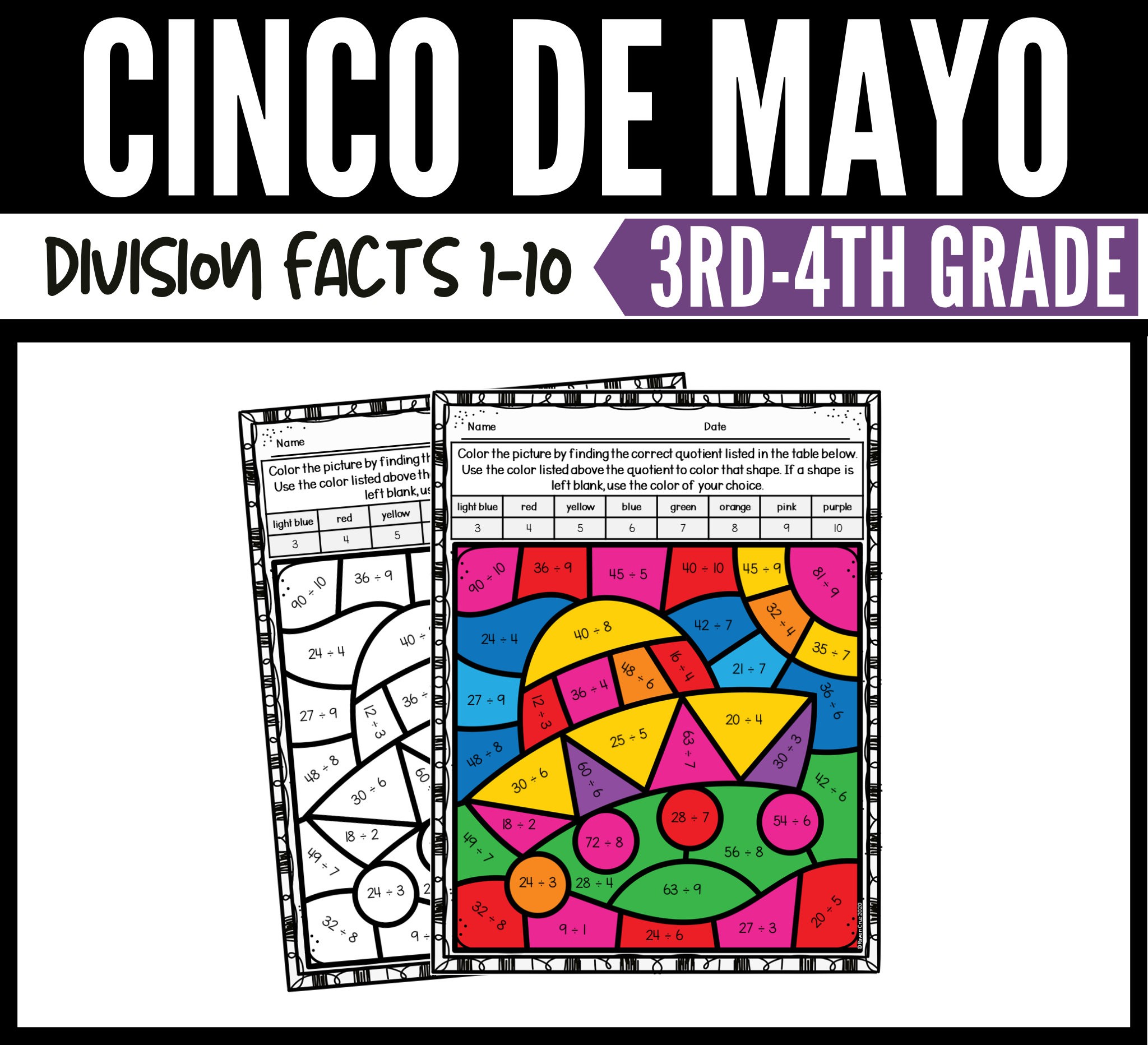 Cinco De Mayo Division Color by Number Worksheets | 3rd Grade Division ...