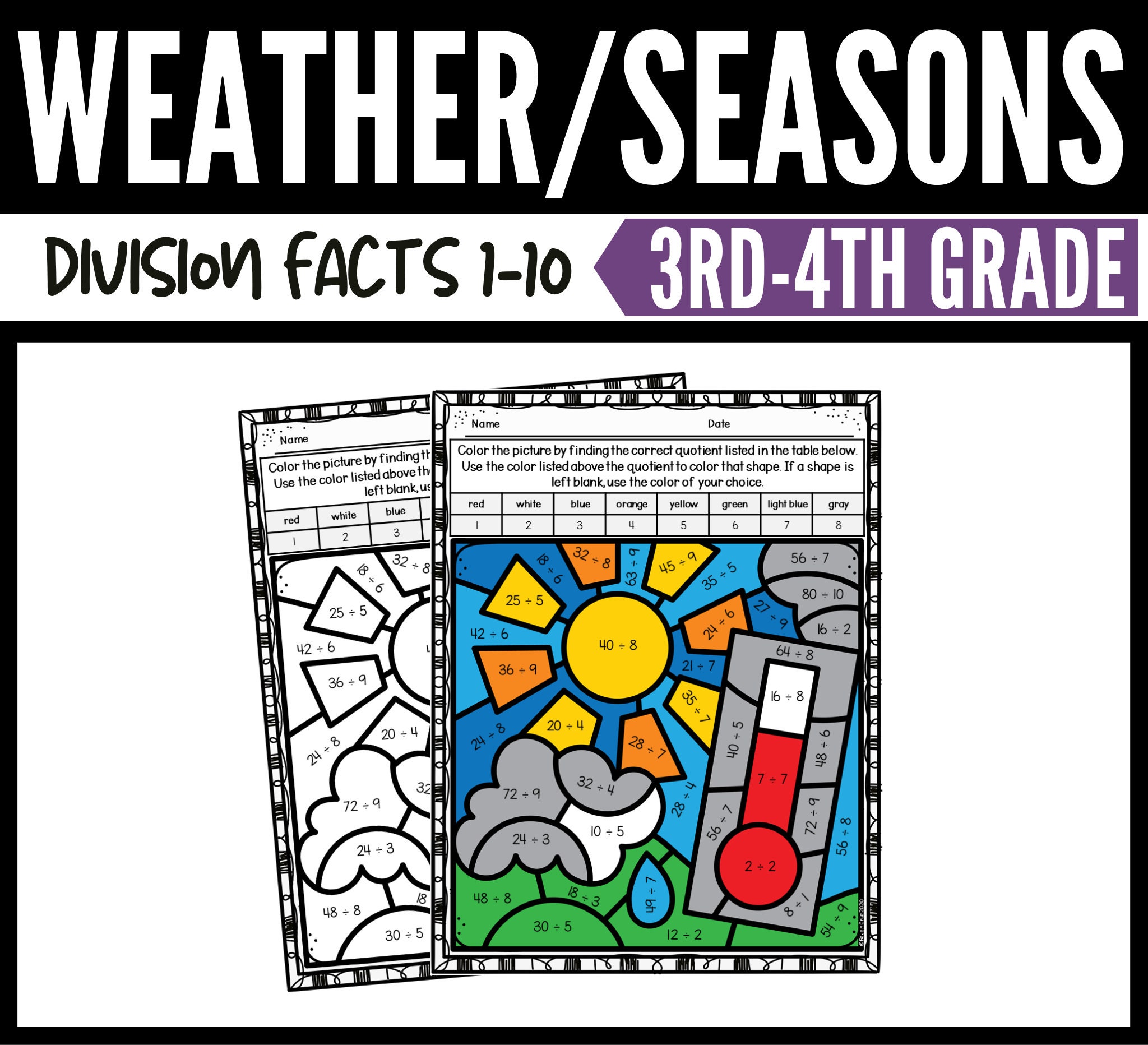 Weather and Seasons Division Color by Number Worksheets | 3rd Grade and ...