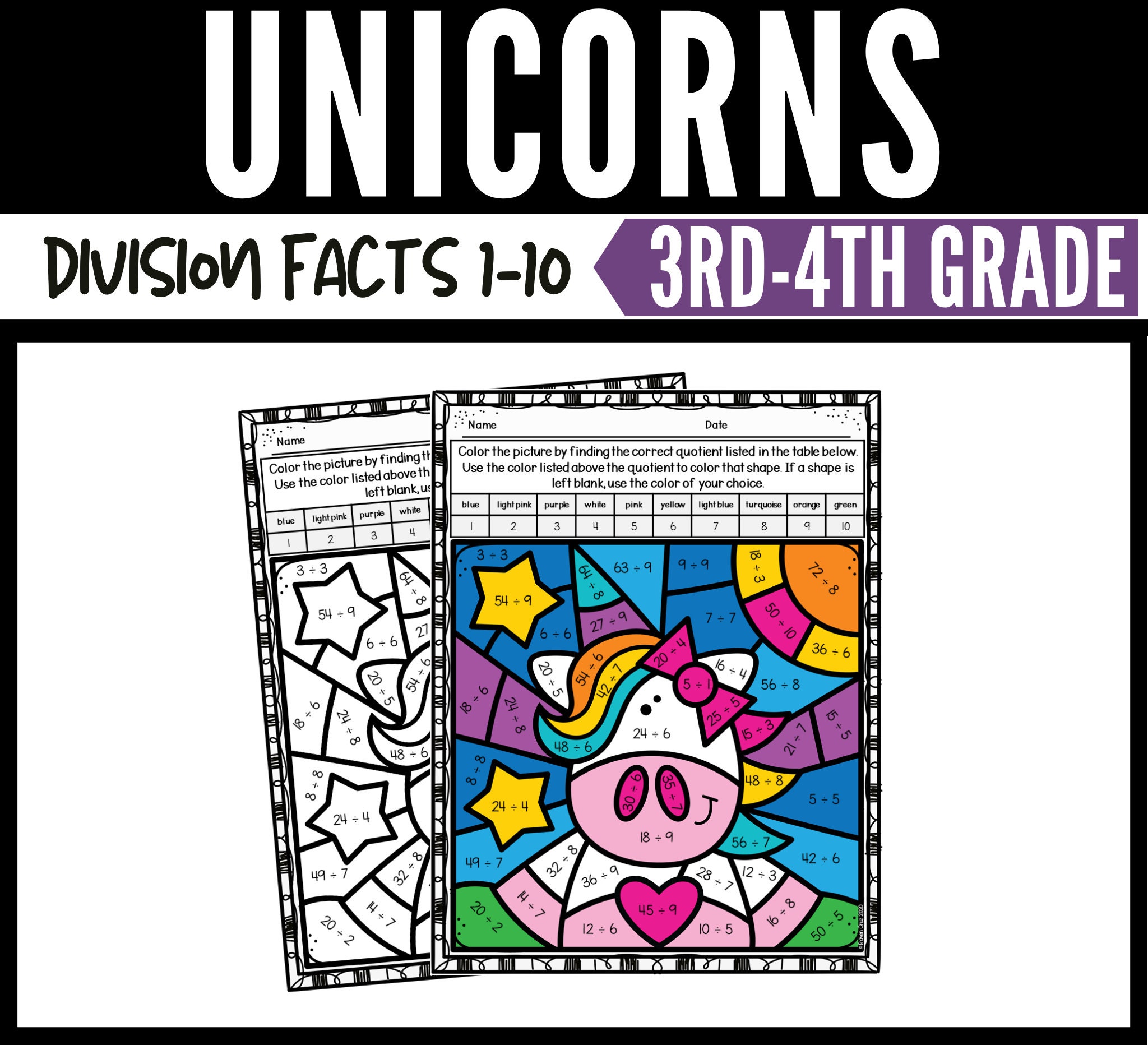 Unicorns Division Color by Number Worksheets 3rd Grade Division Math ...