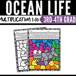 Sea and Ocean Animal Color by Number Multiplication Worksheets | - Etsy