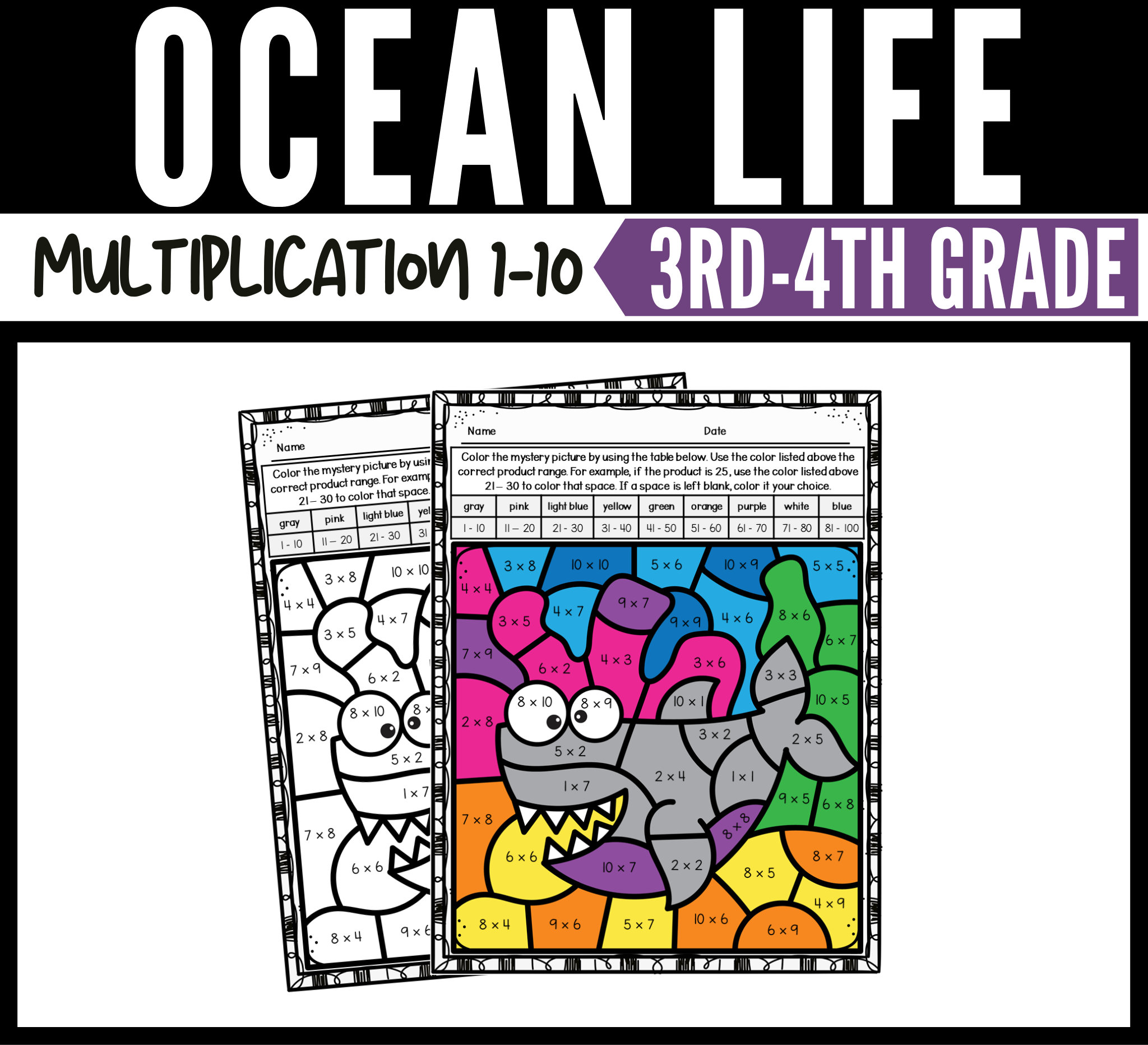 Sea and Ocean Animal Color by Number Multiplication Worksheets | - Etsy