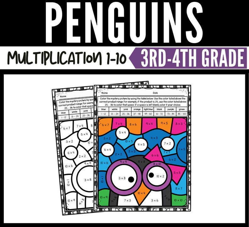 Penguin Multiplication Color by Number Worksheets for 3rd Grade and 4th ...