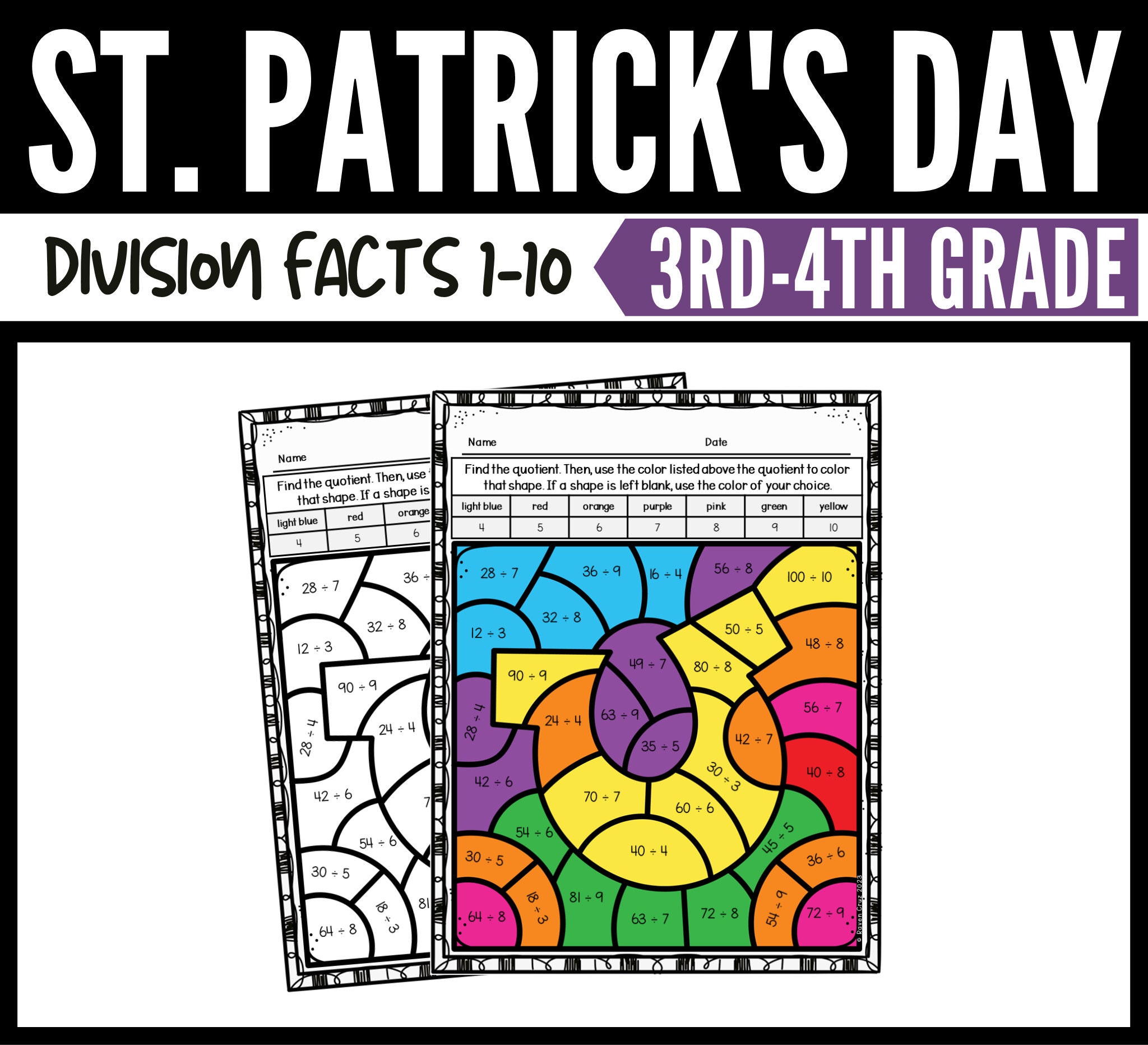St. Patrick's Day Division Color by Number | St. Paddy's Day Math for ...