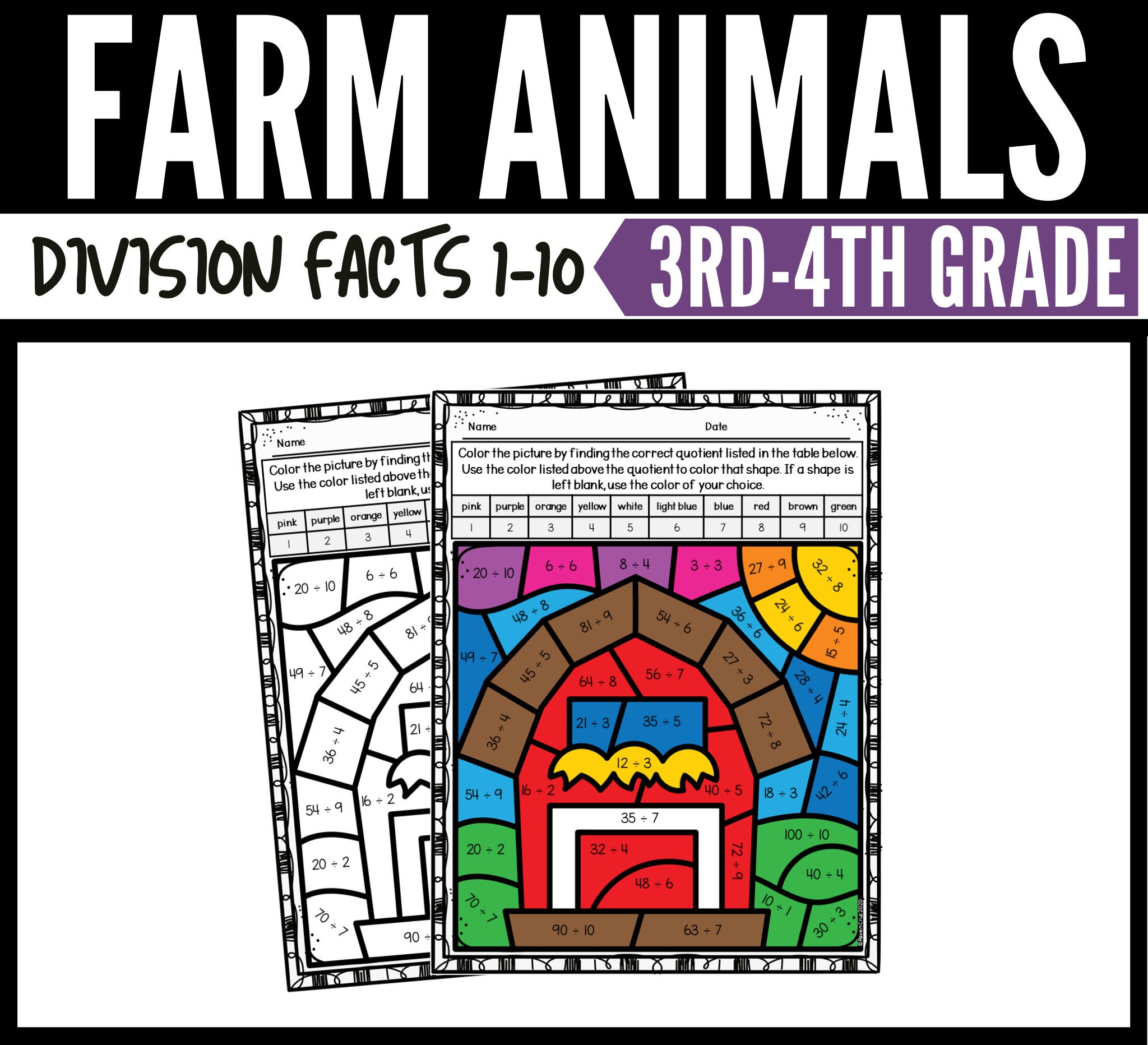 Farm Animals Division Color by Number Worksheets | 3rd Grade Math ...