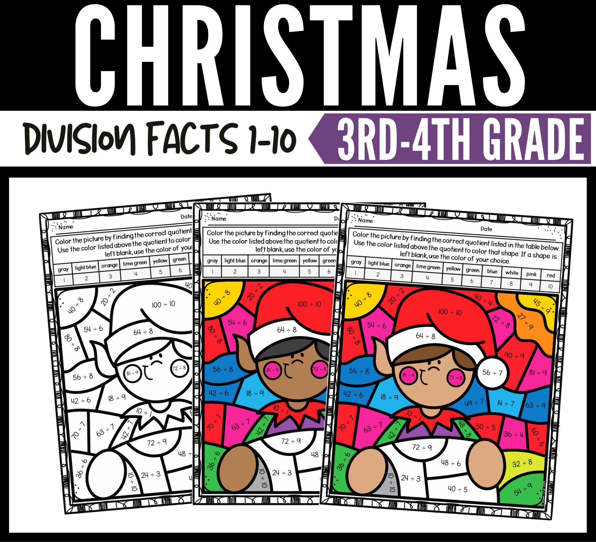 Christmas Color by Number Division Printable Worksheet, 3rd-grade 4th ...