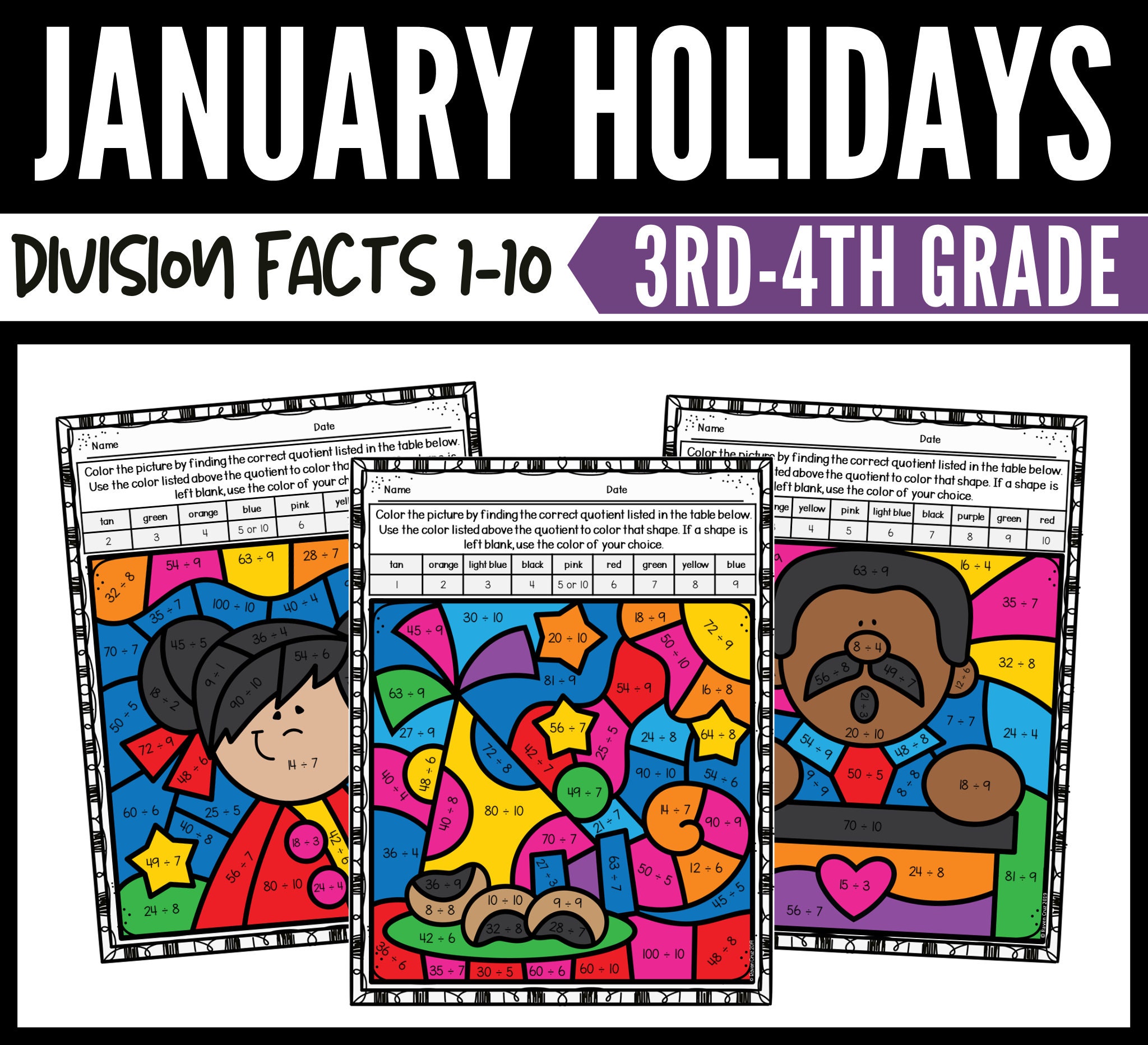 Division Color by Number Worksheets January Holidays New Year Lunar New ...