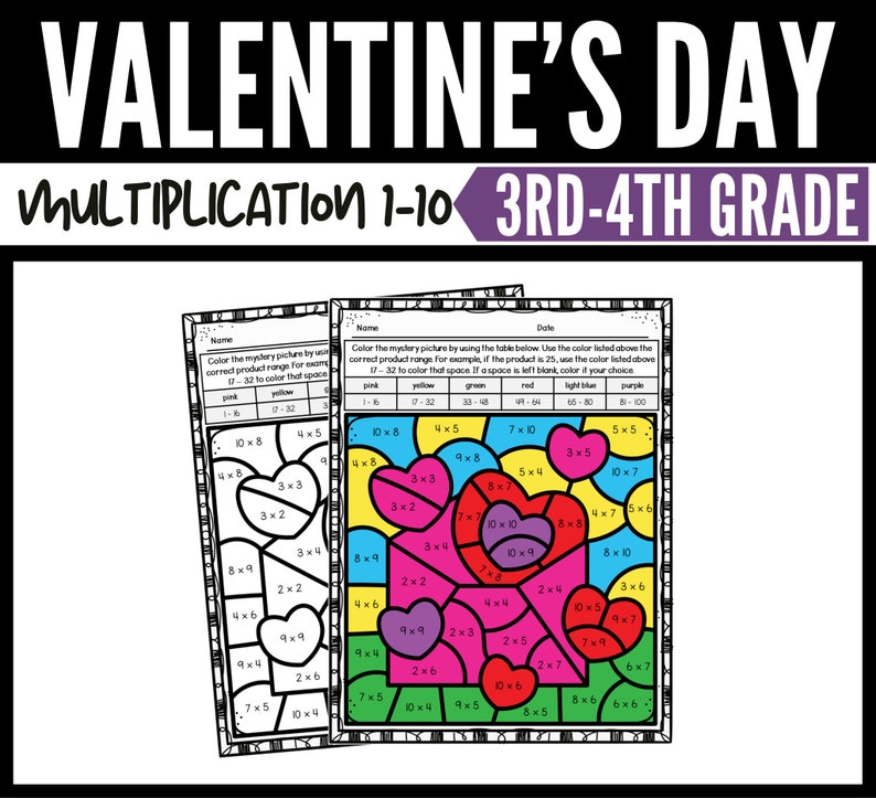 Valentine's Day Color by Number Multiplication Worksheets for 3rd Grade ...