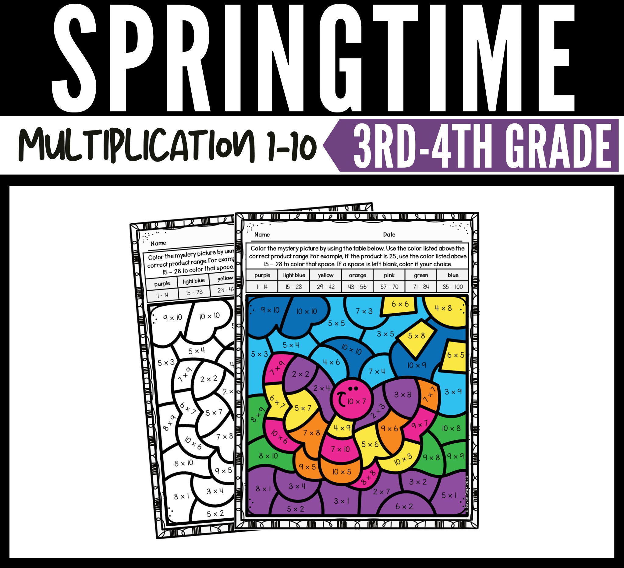 Spring Multiplication Color by Number Worksheets | - Etsy