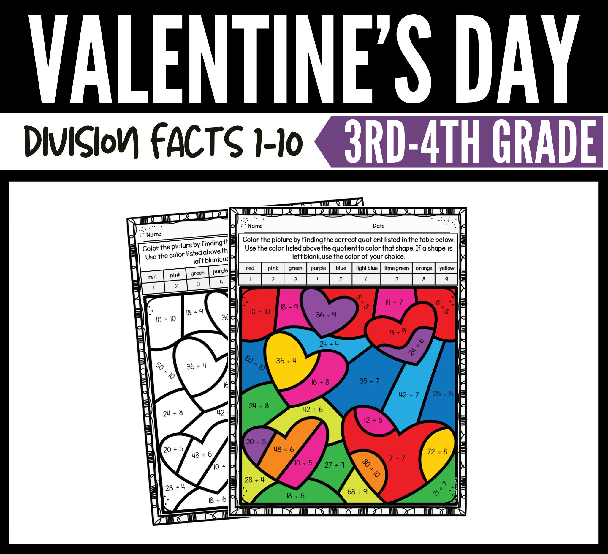 Valentine's Day Color by Number Division Worksheets for 3rd Grade and ...