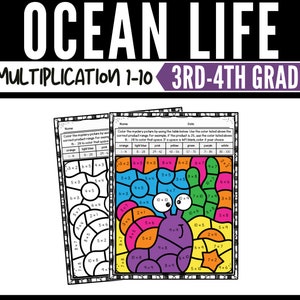 Sea and Ocean Animal Color by Number Multiplication Worksheets | - Etsy