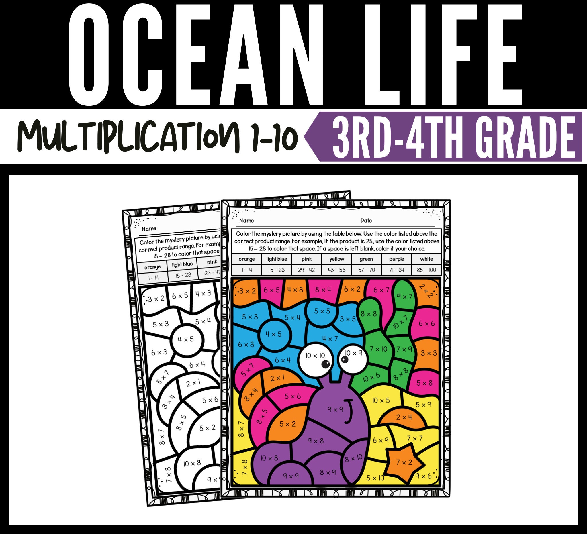 Sea and Ocean Animal Color by Number Multiplication Worksheets | - Etsy