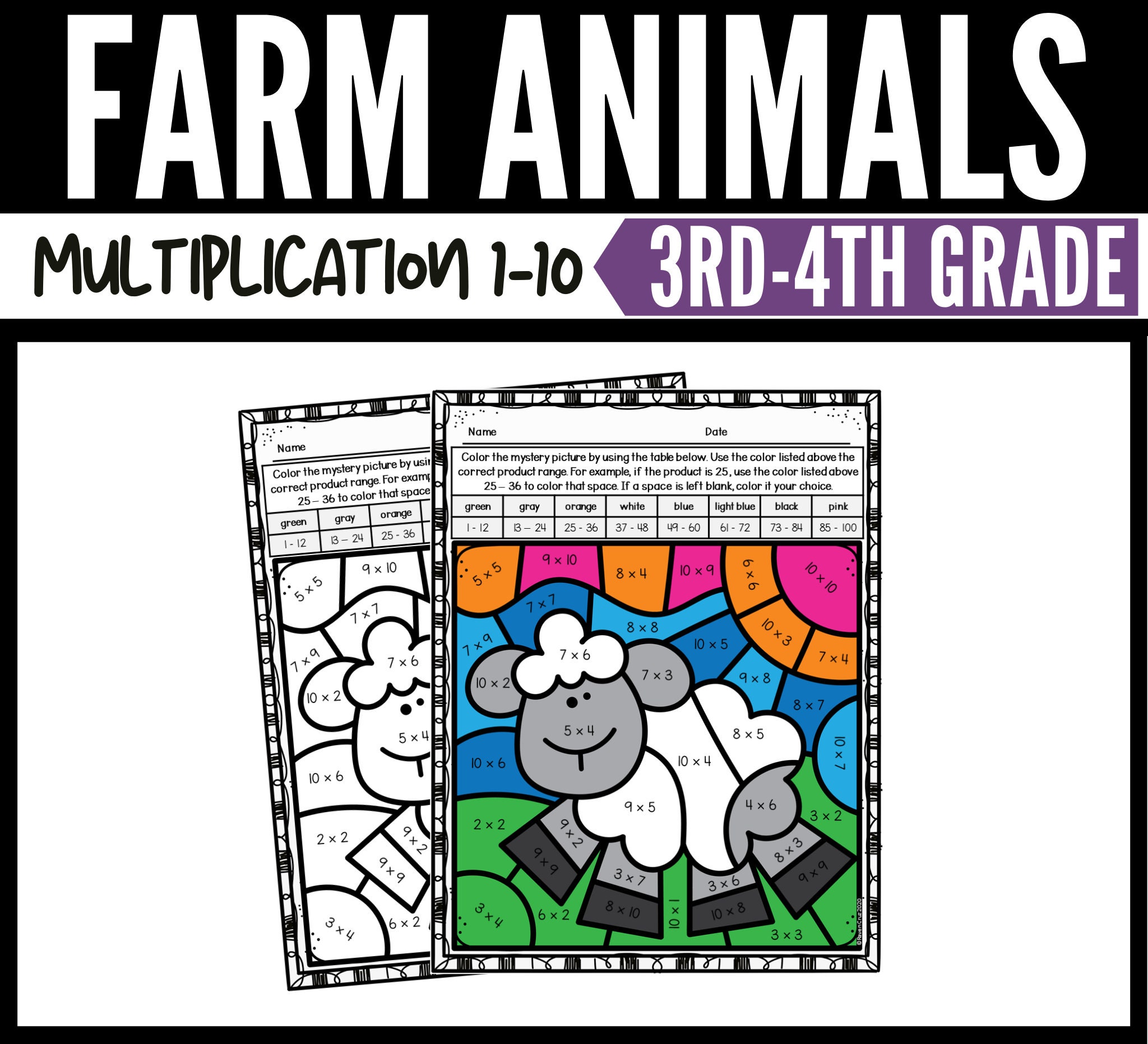 Farm Animals Multiplication Color by Number Worksheets | 3rd Grade Math ...