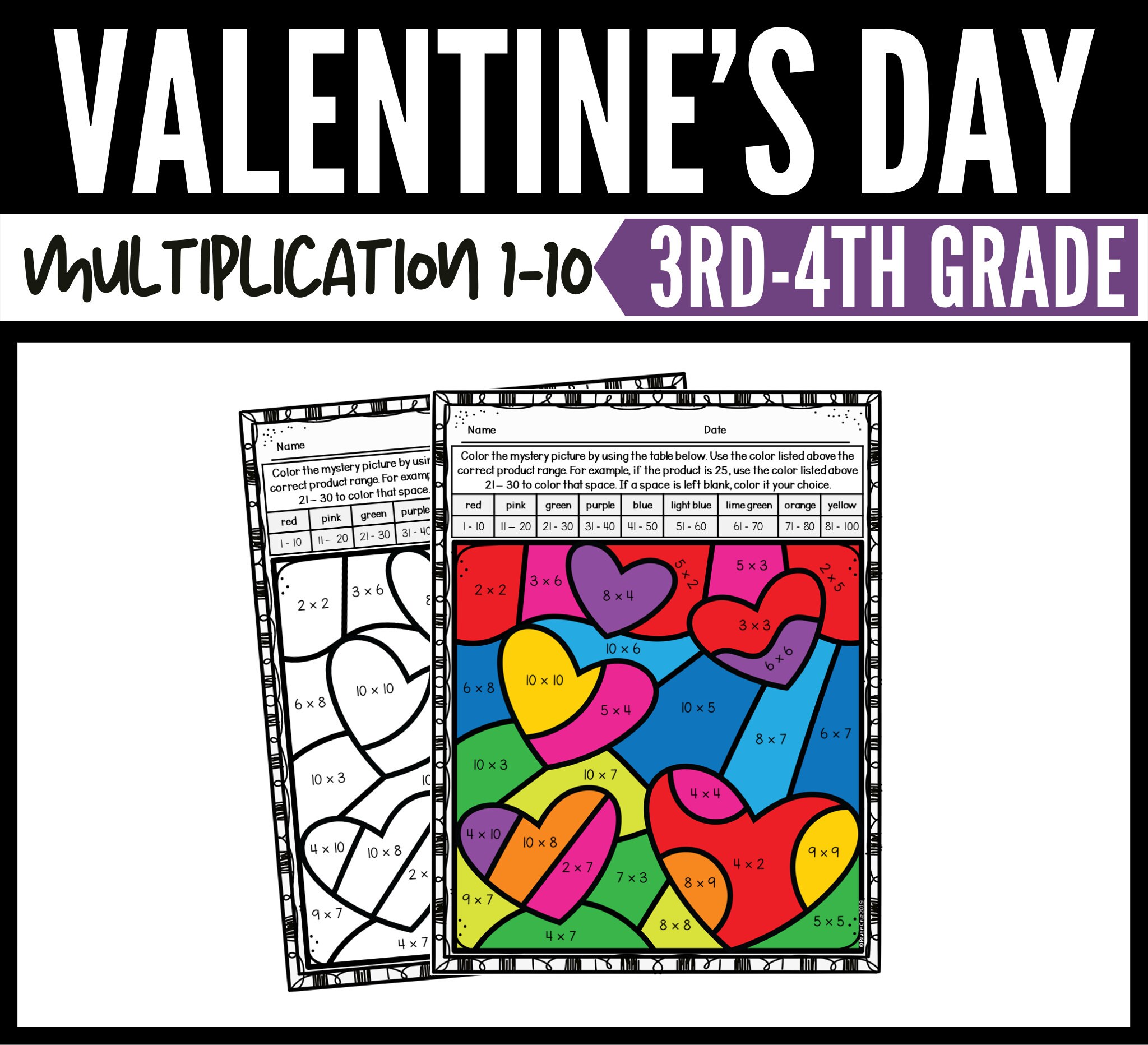 Valentine's Day Color by Number Multiplication Worksheets for 3rd-grade ...