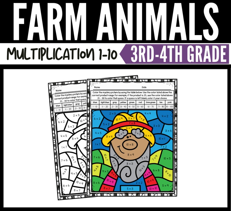 Farm Animals Multiplication Color by Number Worksheets | 3rd Grade Math ...