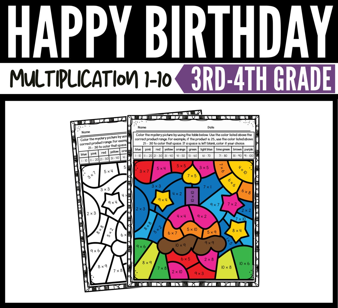 Happy Birthday Multiplication Color by Number Worksheets for 3rd Grade ...