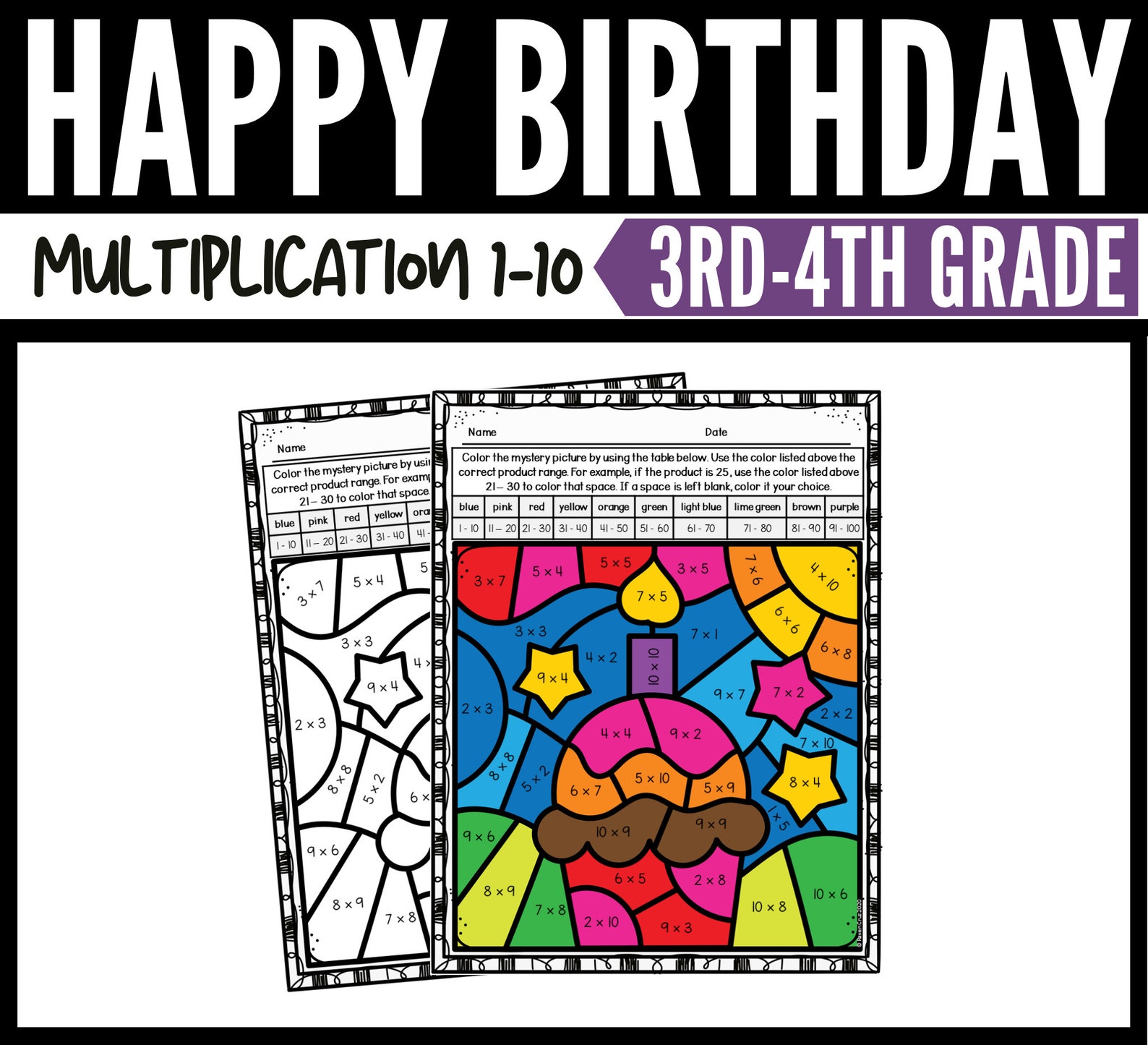 Happy Birthday Multiplication Color by Number Worksheets for 3rd Grade ...