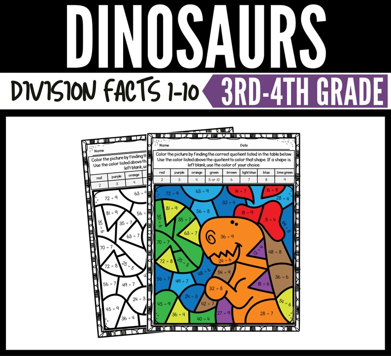 Dinosaur Division Color by Number Worksheets 3rd Grade Multiplication ...