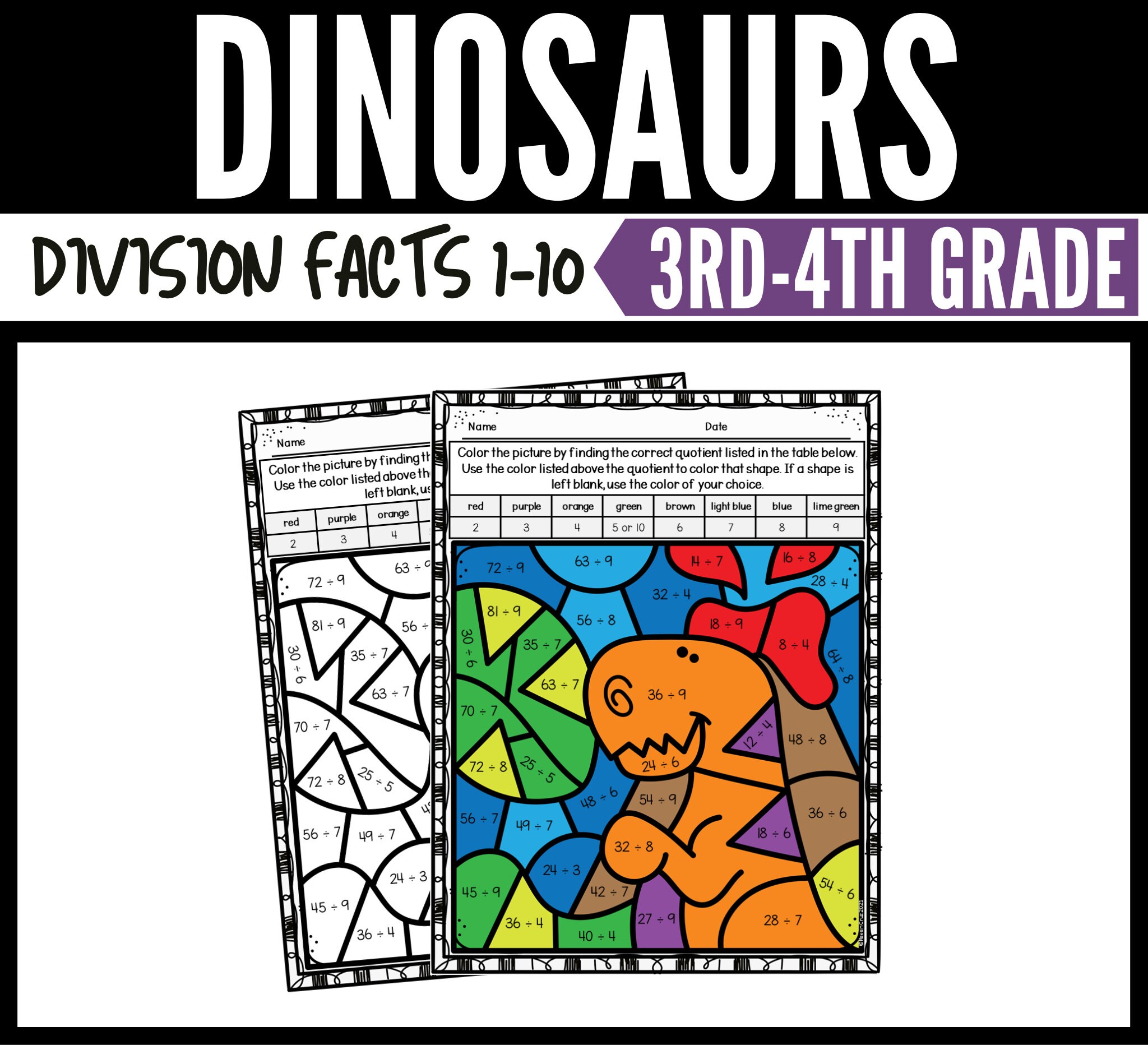Dinosaur Division Color by Number Worksheets | 3rd Grade Multiplication ...