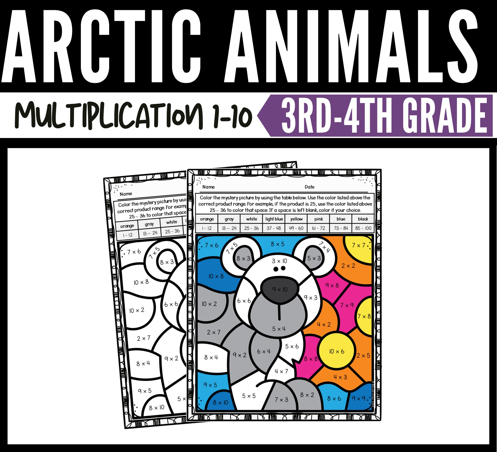 Arctic Animals Multiplication Color by Number Activity for 3rd-grade ...