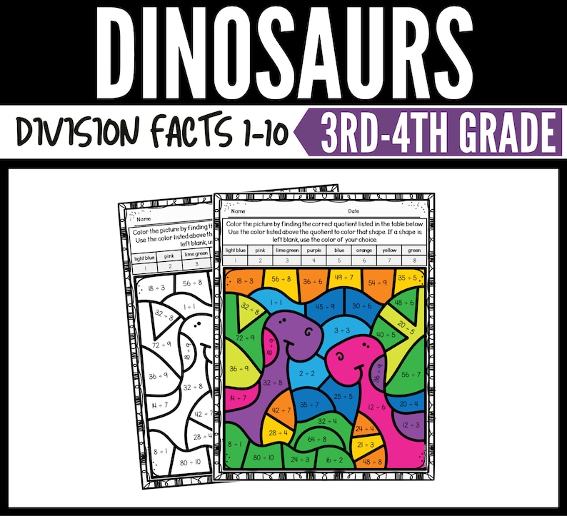 Dinosaur Division Color by Number Worksheets | 3rd Grade Multiplication ...
