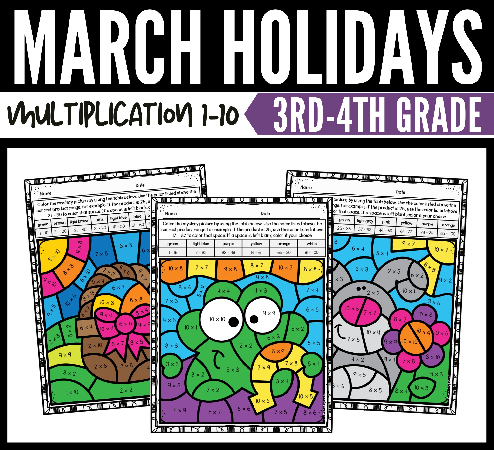 March Holidays, 3rd Grade March Holiday Multiplication Color by Number ...