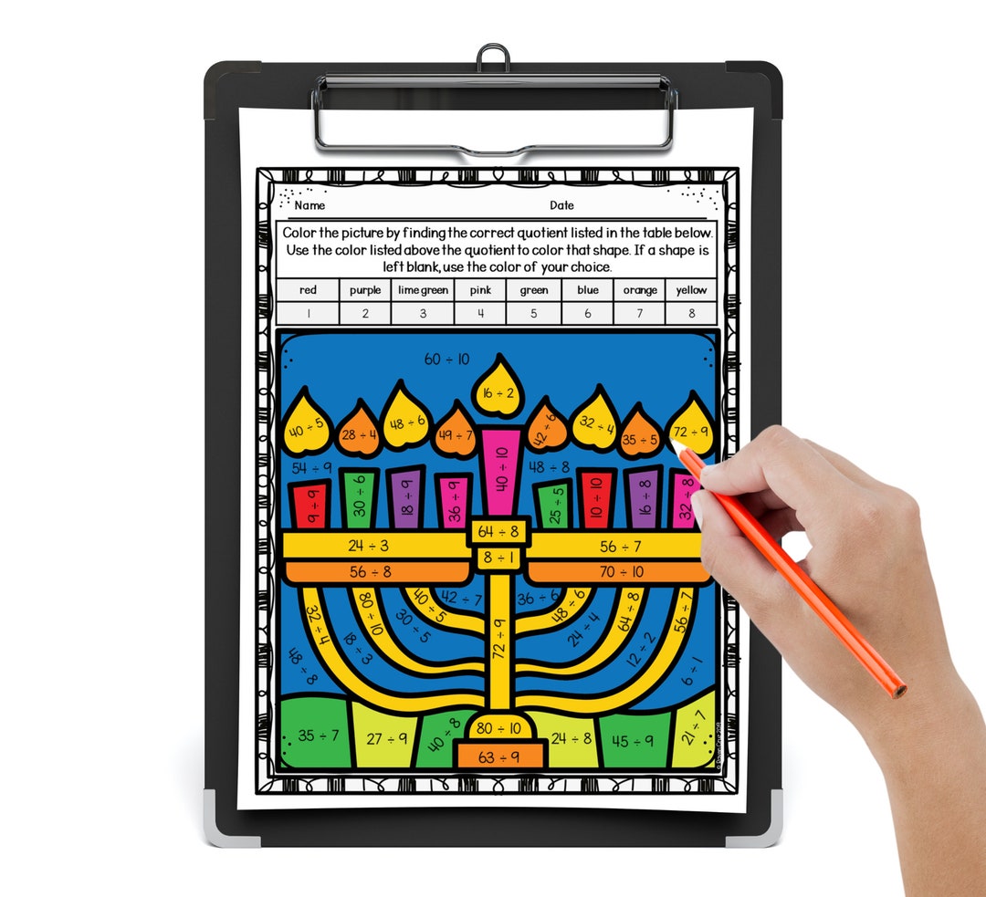 Hanukkah Color by Number Division Worksheets for 3rd Grade and 4th ...
