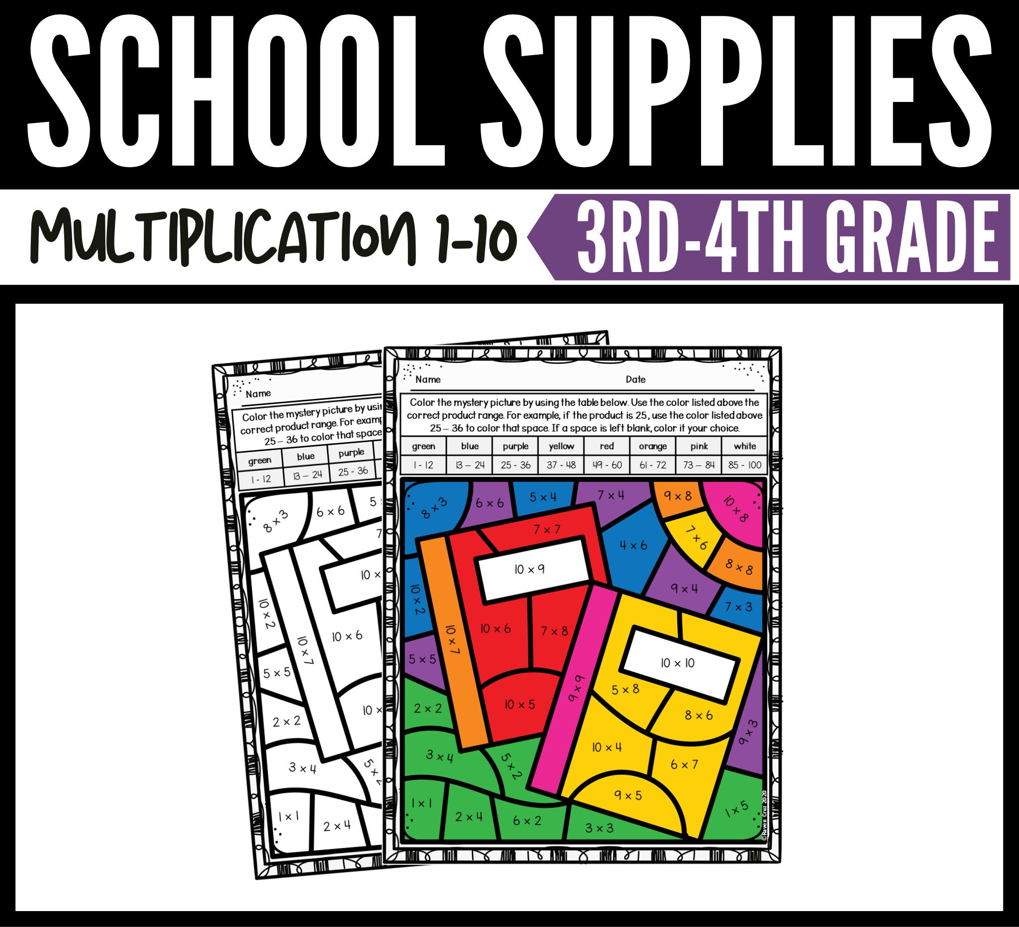 Back to School Supplies Multiplication Color by Number Worksheets for ...