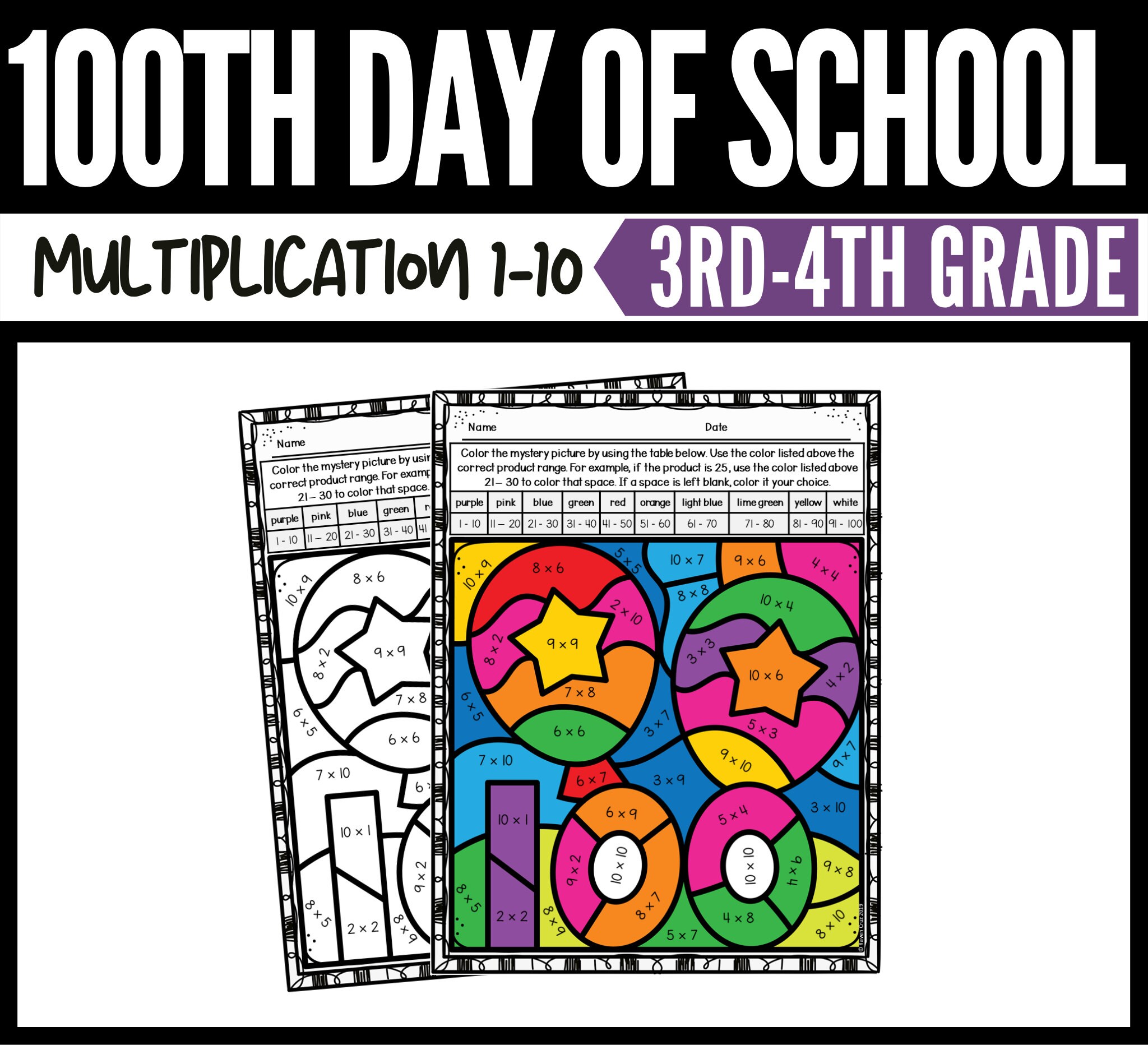 100 Days of School Multiplication Color by Number Worksheets for 3rd ...