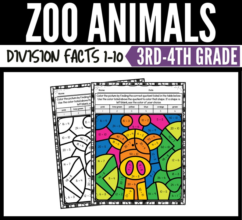 Zoo Animals Division Color by Number Worksheets | 3rd Grade and 4th ...