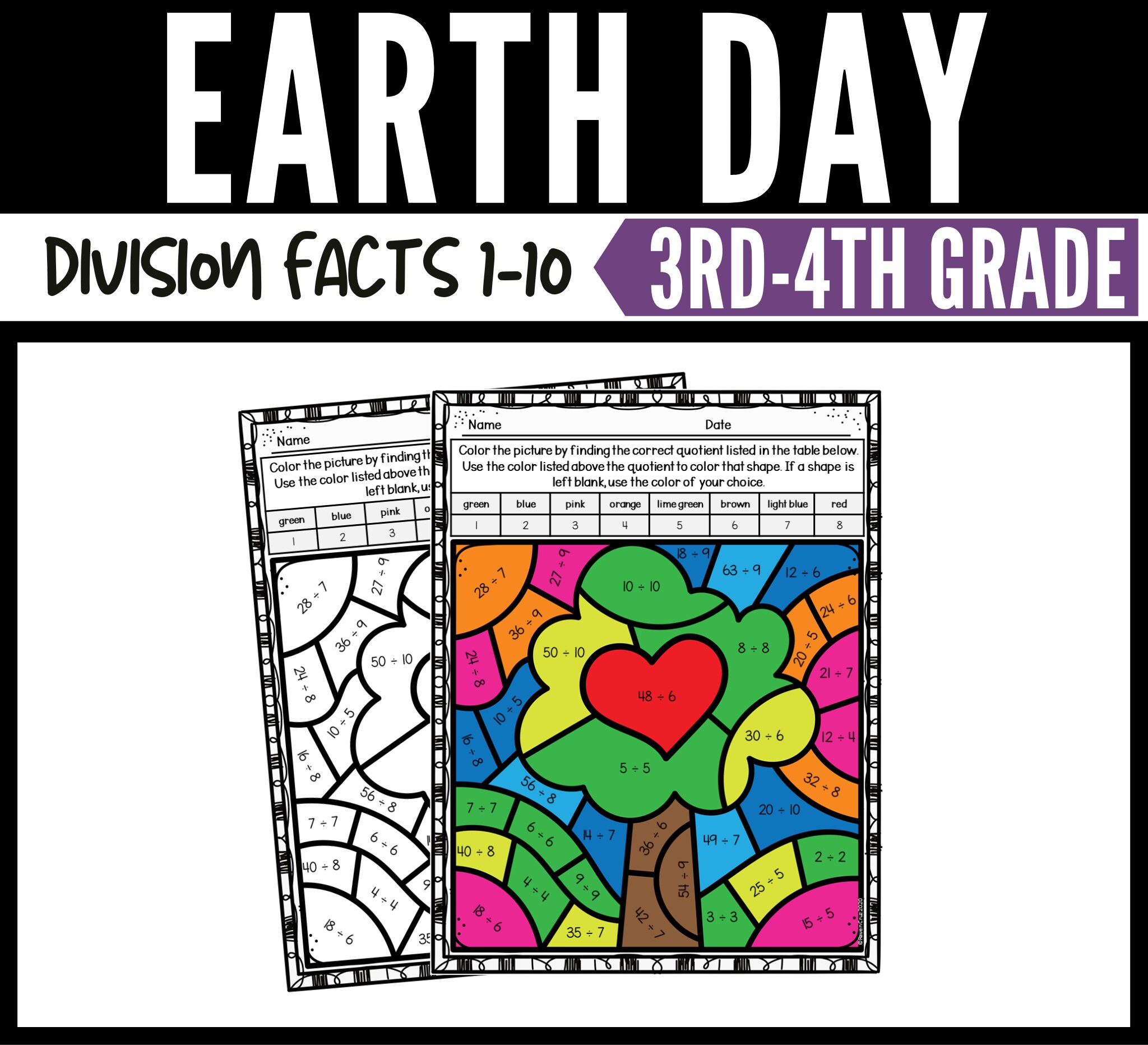 Earth Day Division Color by Number Worksheets for 3rd Grade and 4th ...
