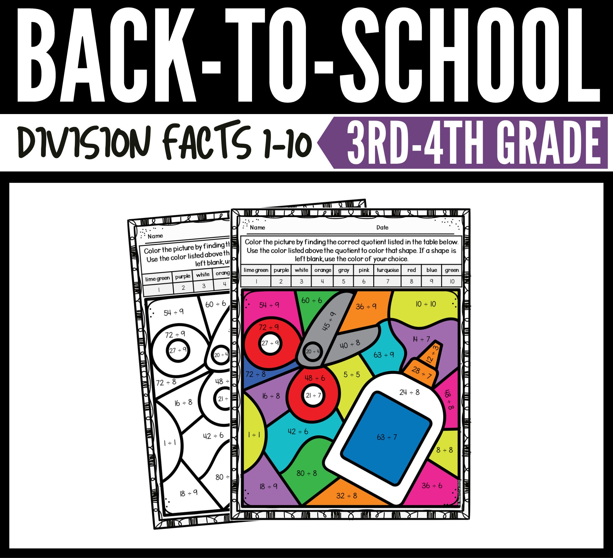 Back to School Division Color by Number Worksheets for 3rd Grade and ...
