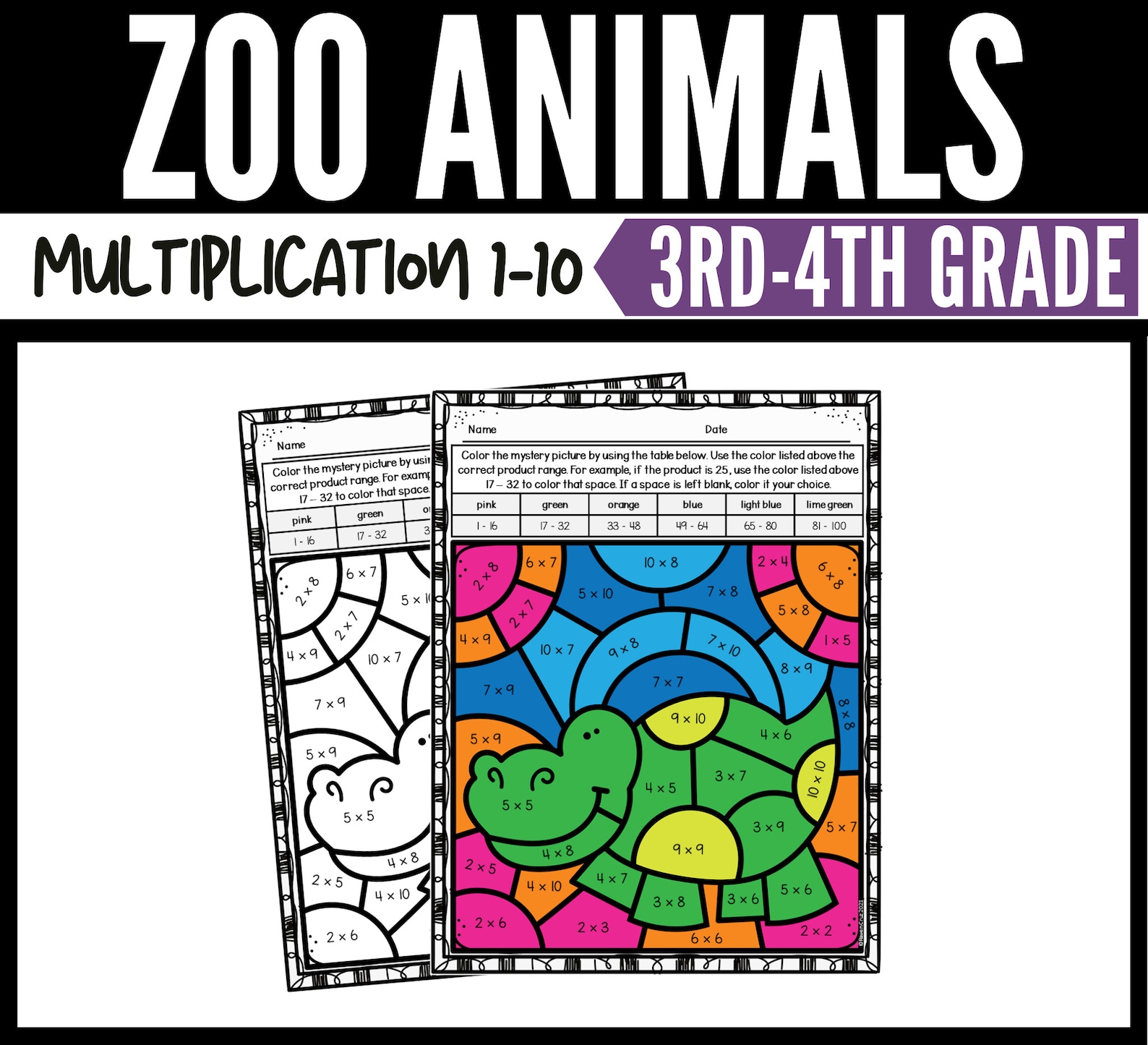 Zoo Animals Multiplication Color by Number Worksheets | 3rd Grade ...