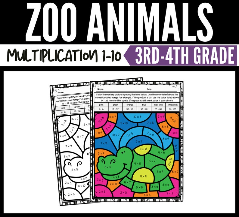 Zoo Animals Multiplication Color by Number Worksheets | 3rd Grade ...