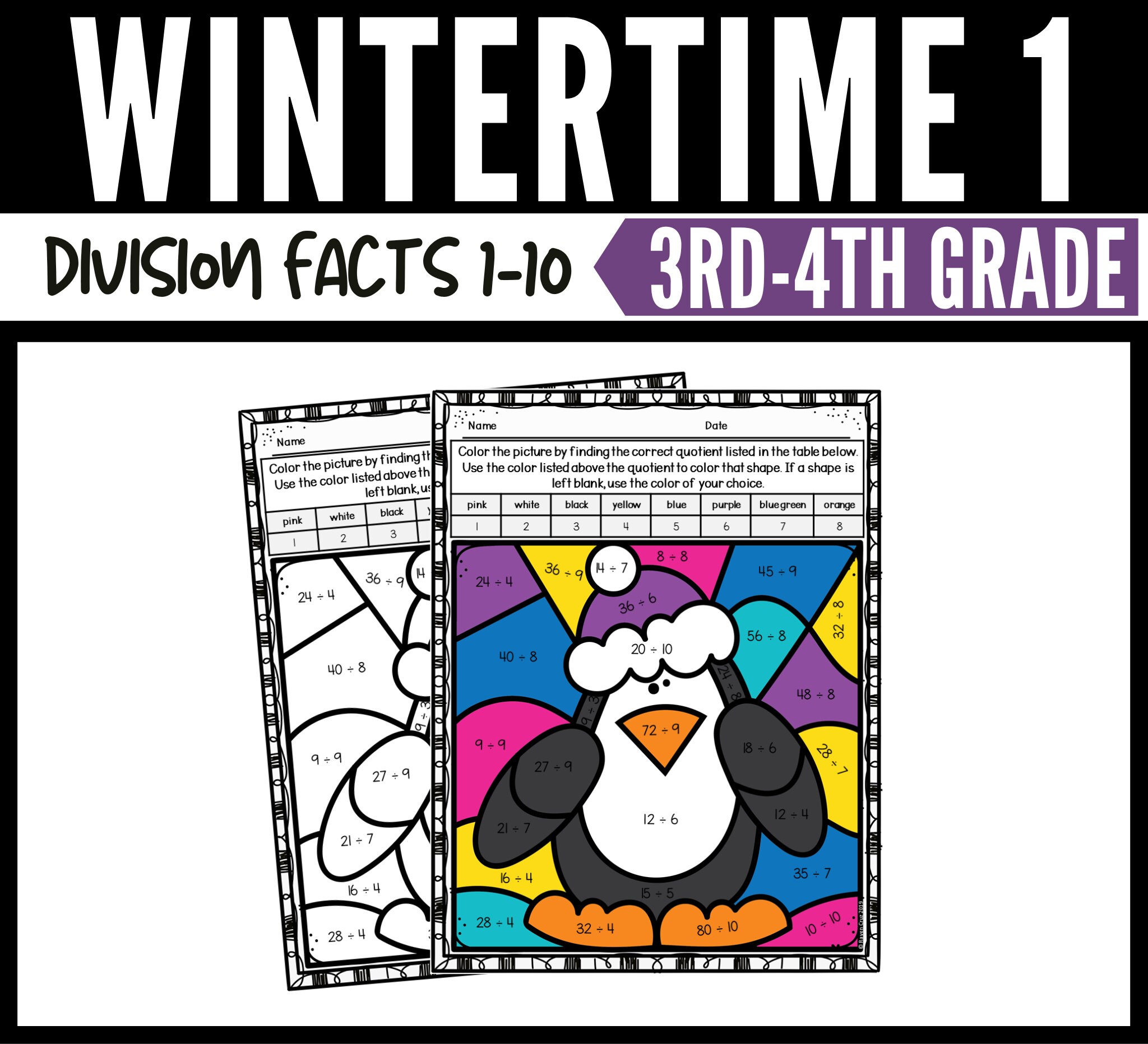 Division Color by Number Worksheets for Winter in 3rd Grade and 4th ...