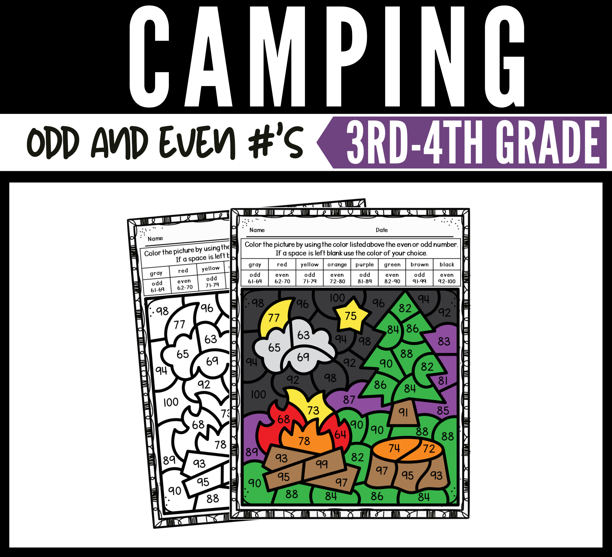 Camping Themed Odd and Even Numbers Worksheet Camping Color by Number ...