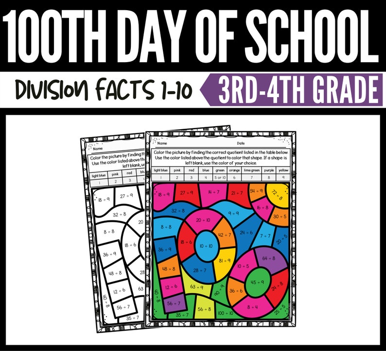 100 Days of School Division Color by Number Worksheets for 3rd Grade ...