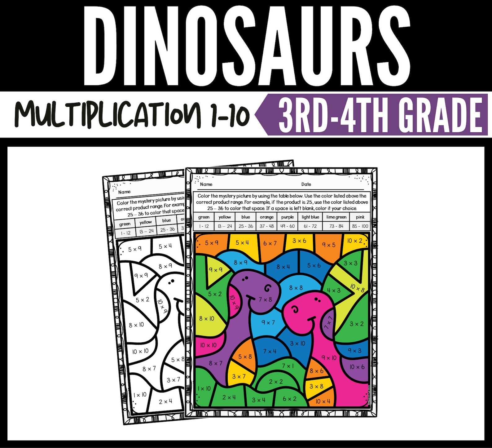 Dinosaur Multiplication Color by Number Worksheets | Fun 3rd Grade ...