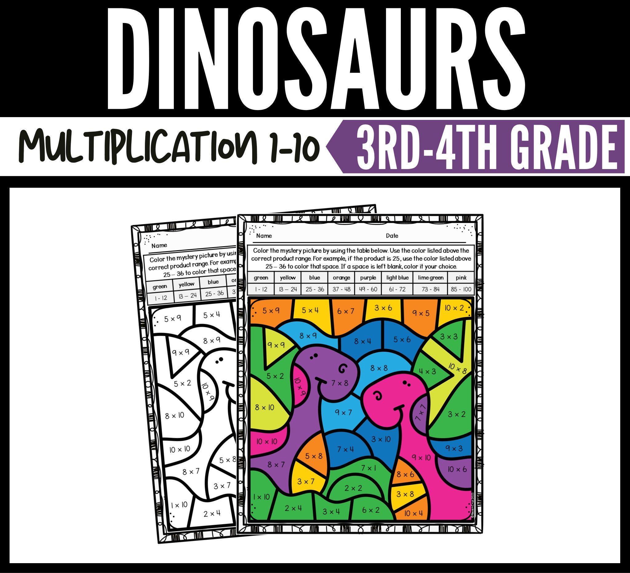 Dinosaur Multiplication Color by Number Worksheets | Fun 3rd Grade ...